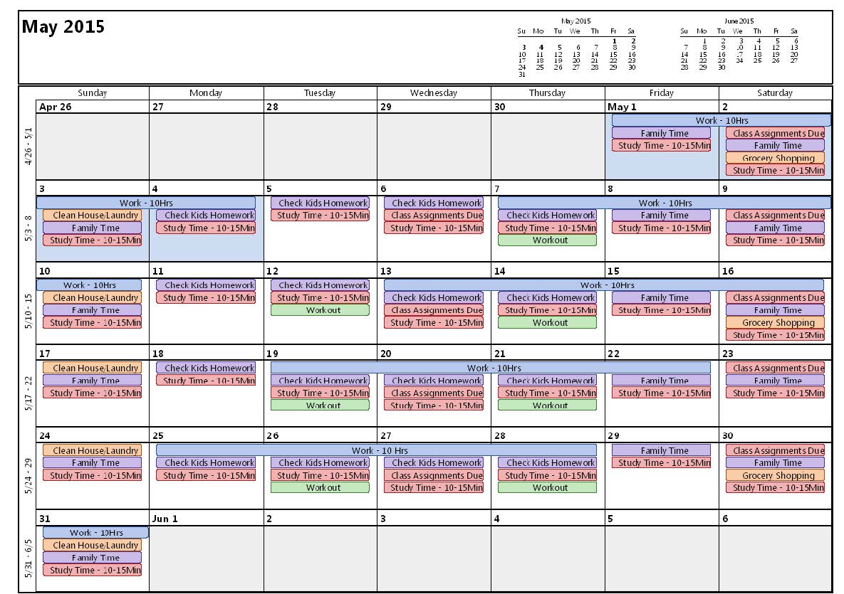 Example Time Management Calendar WCU Online Student Resources